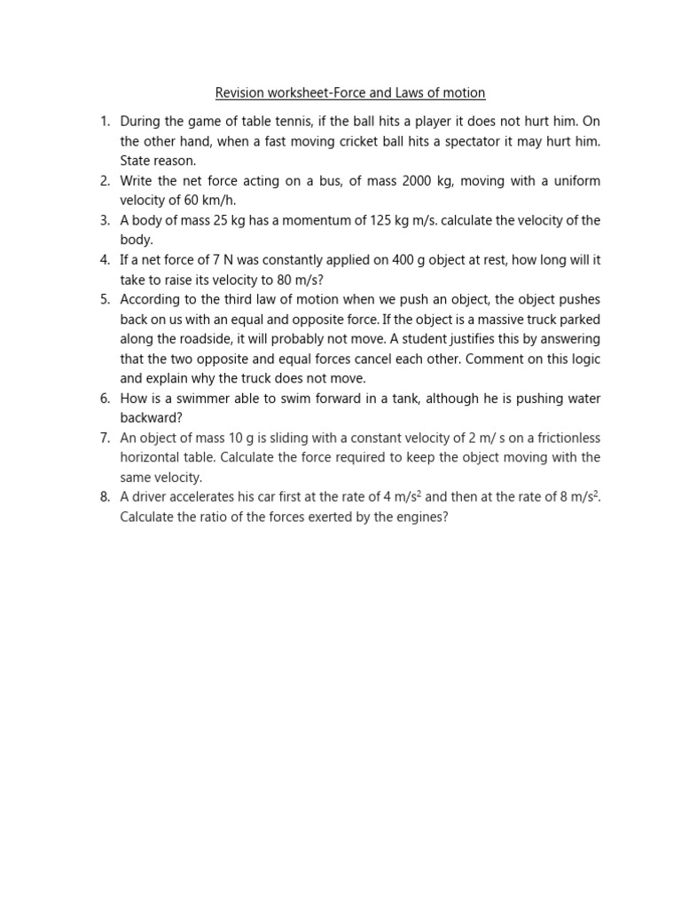 Revision Worksheet-Force Laws of Motion-Answer Key | PDF