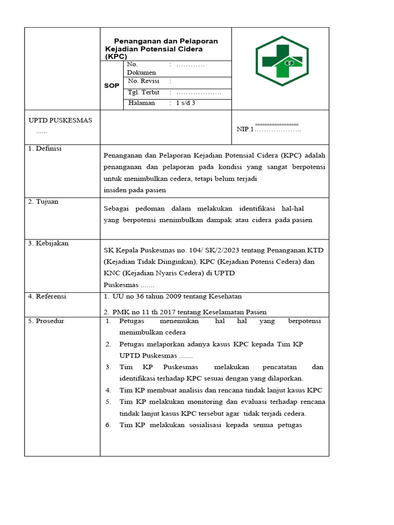 SOP Penanganan Dan Pelaporan KPC | PDF