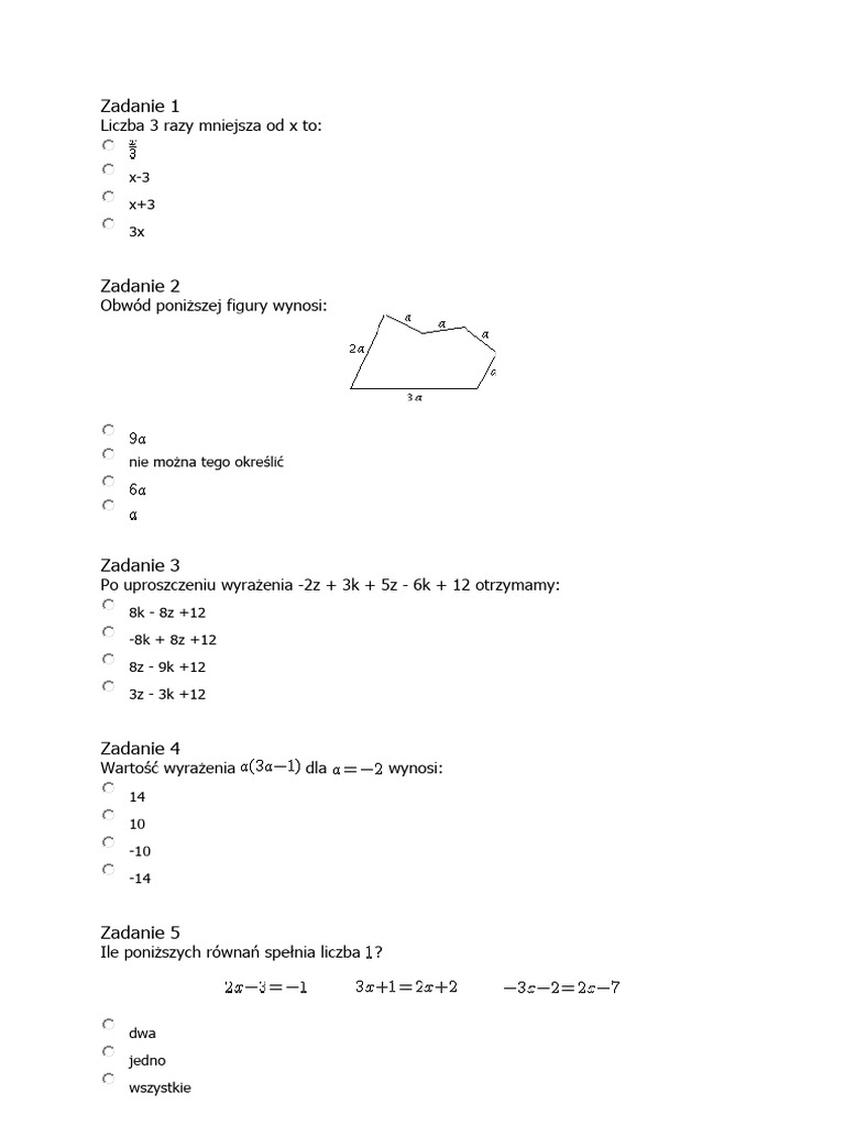 Sprawdzian Wyrazenia Algebraiczne KL 6 | PDF