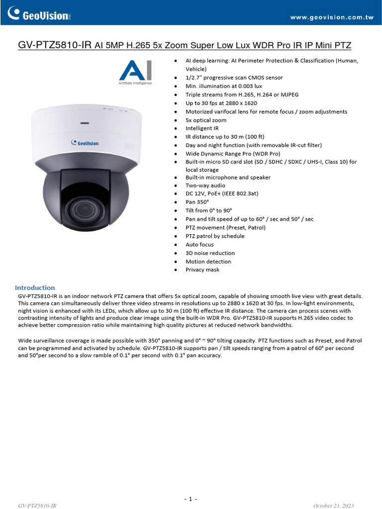 Datasheet Ipcam GV Ptz5810 Ir | PDF | Camera Lens | Camera