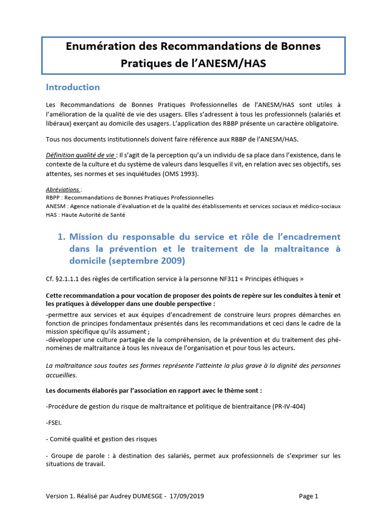 Synthèse Des Recommandations de Bonnes Pratiques Professionnelles HAS ANESM | PDF | Invalidité ...
