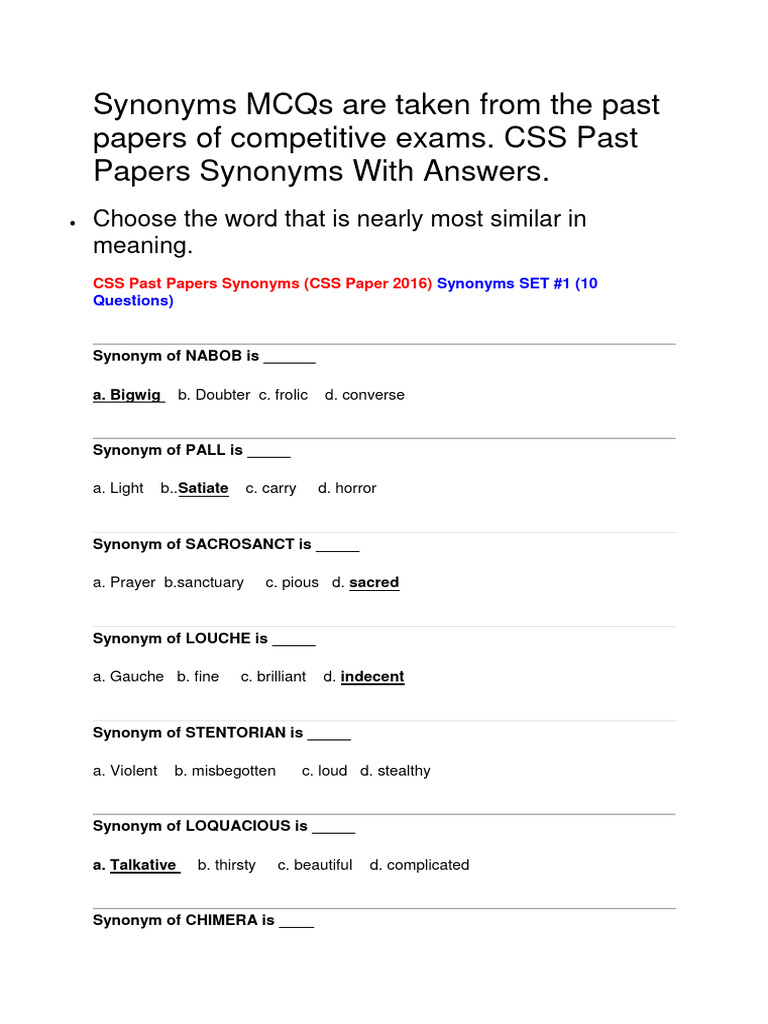 Synonyms & ANTONYMS MCQS | PDF | Language Mechanics | Linguistics Synonyms & ANTONYMS MCQS | PDF | Language Mechanics | Linguistics
