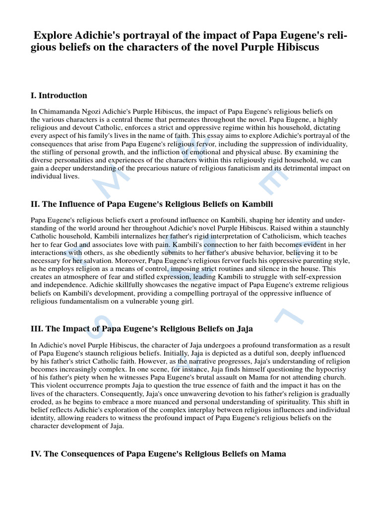 Explore Adichie's Portrayal of The Impact of Papa Eugene's Religious ...
