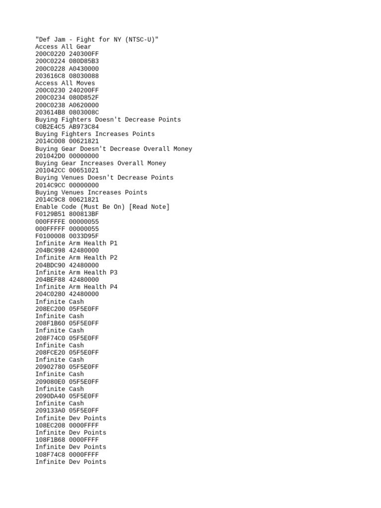 Def Jam Fight for NY Cheat Codes | PDF