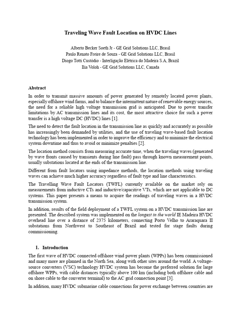 Traveling Wave Fault Location On Hvdc Lines Pdf Alternating Current Electric Power