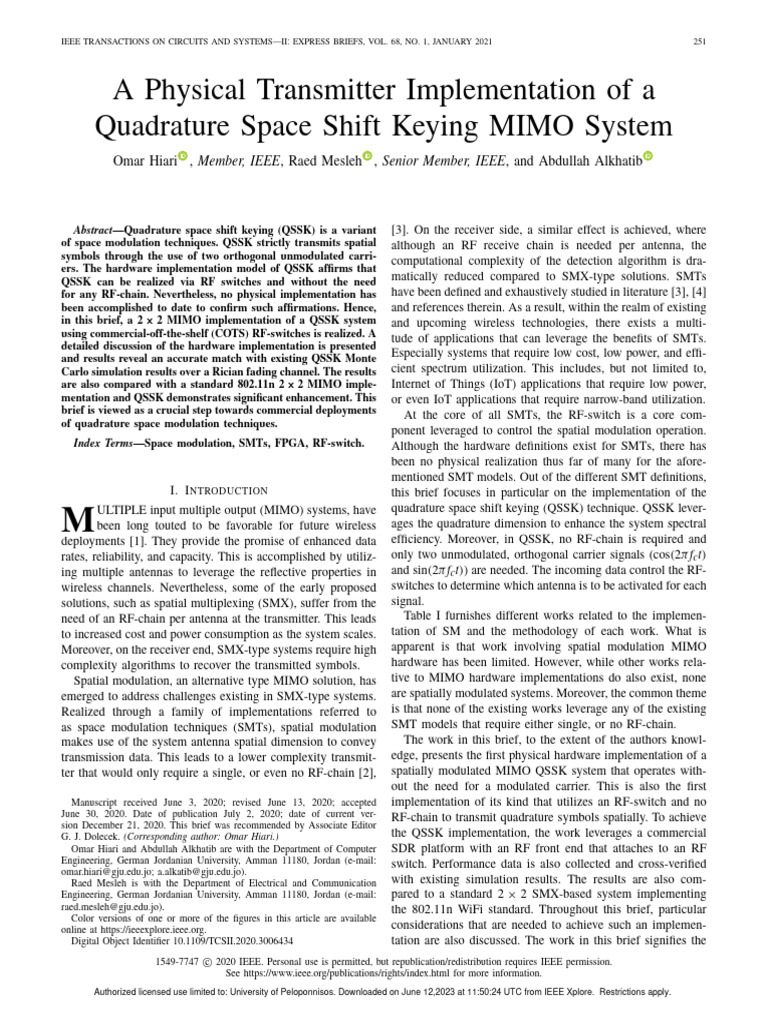 A Physical Transmitter Implementation Of A Quadrature Space Shift Keying Mimo System Pdf