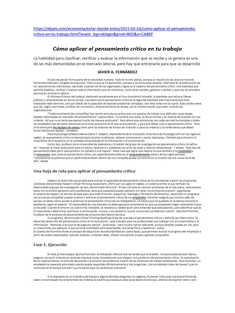 Matt Plumer - Como Aplicar El Pensamiento Critico o Critical Thinking en Tu Trabajo | PDF ...