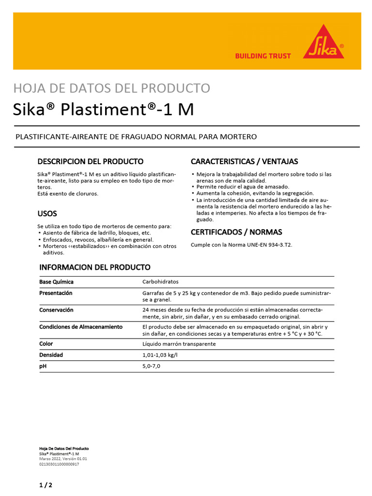 Sika Plastiment 1m | PDF | Cemento | Mortero (Albañilería)