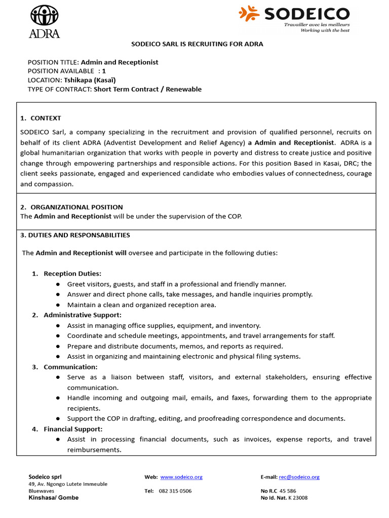 Annonce Admin Receptionist 1 | PDF | Microsoft Office | Microsoft Excel