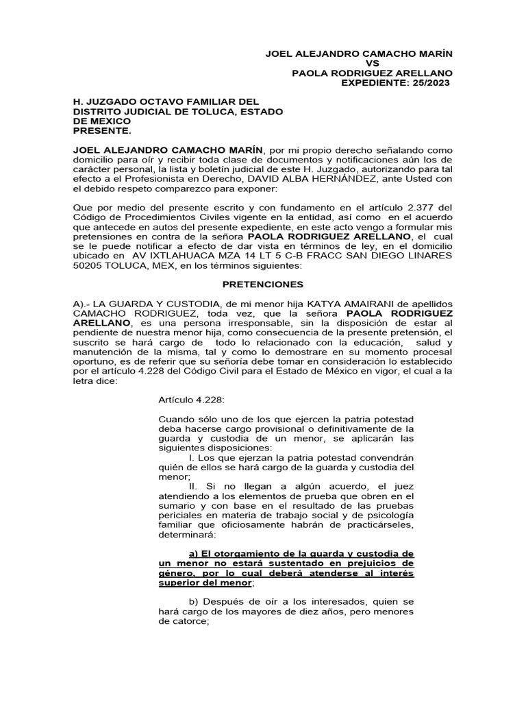 Escrito Formulando Pretensiones Alejandro | PDF | Pensión alimenticia | Demanda judicial