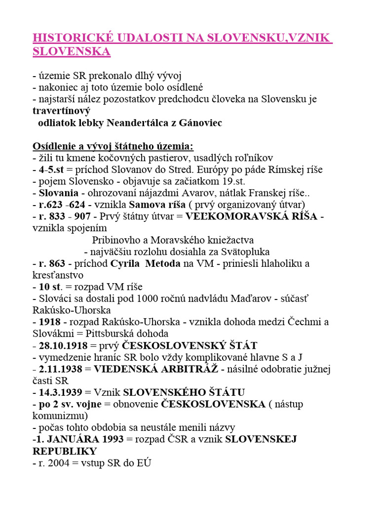HISTORICKÉ UDALOSTI NA SLOVENSKU, VZNIK SLOVENSKA - poznámky | PDF