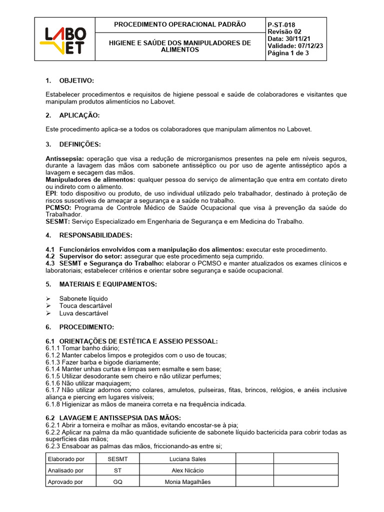 P-ST-018 - HIGIENE E SAÚDE DOS MANIPULADORES DE ALIMENTOS Rev. 02 | PDF | Desperdício
