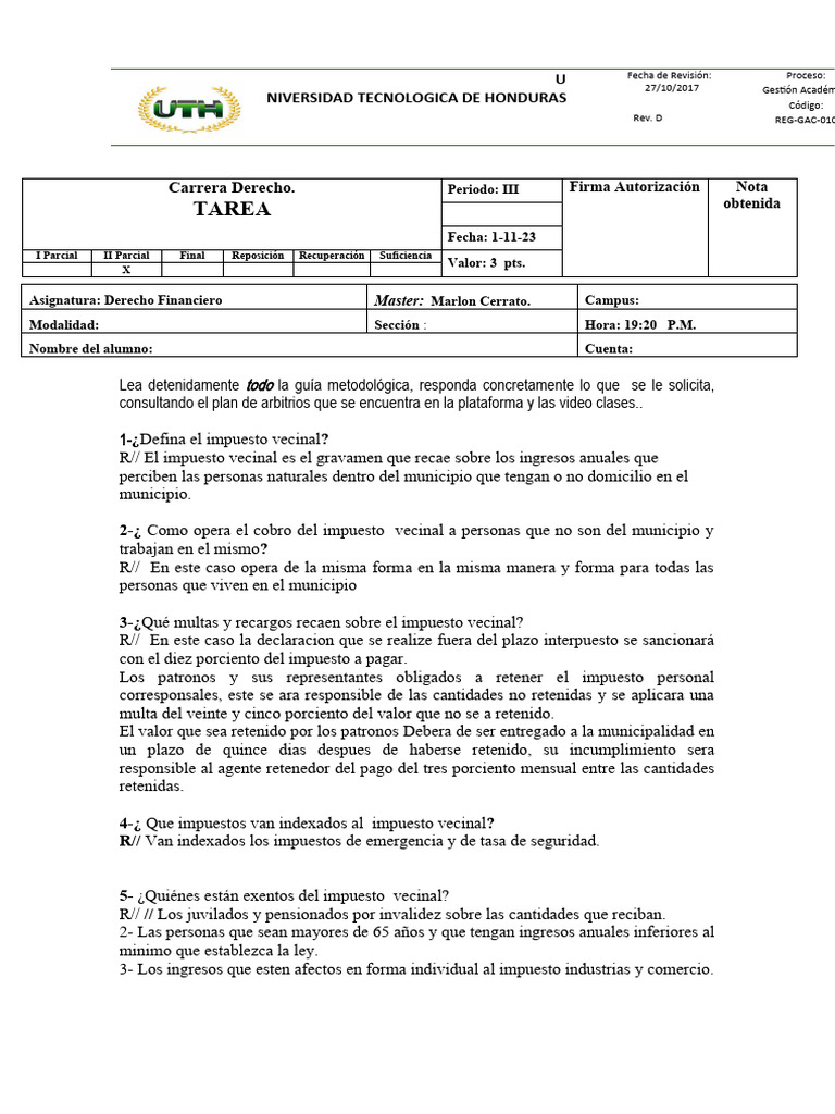 Tarea 7 Guia Impuesto Vecinal 1 1 1 | PDF | Impuestos | Economias