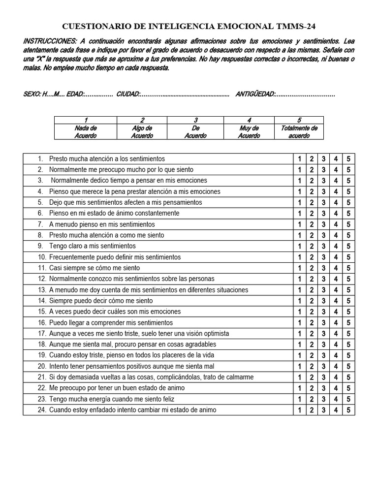 Cuestionario TMMS-24: Emociones y Sentimientos | PDF | Las emociones ...