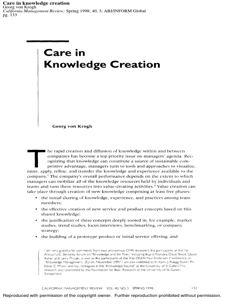 Von Krogh - 1998 - Care in Knowledge Creation | PDF