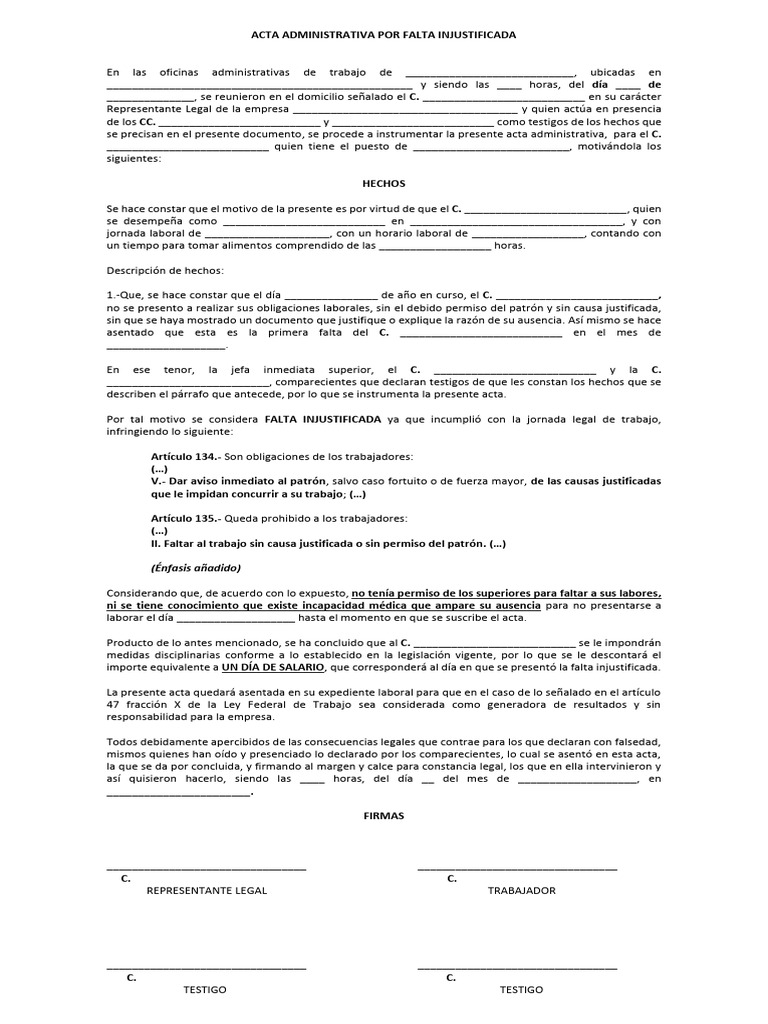 Formato Acta Administrativa Por Falta Injustificada | PDF | Justicia ...