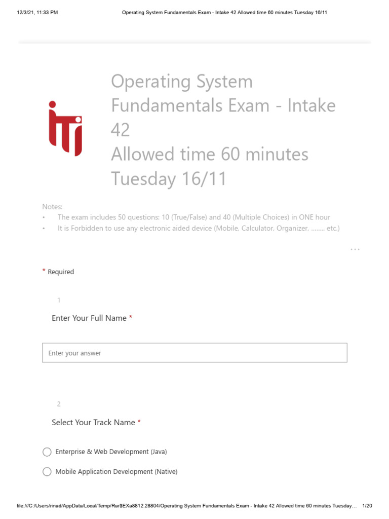 Operating System Fundamentals Exam Intake 42 Allowed Time 60 Minutes Tuesday 16 11 Pdf 8884