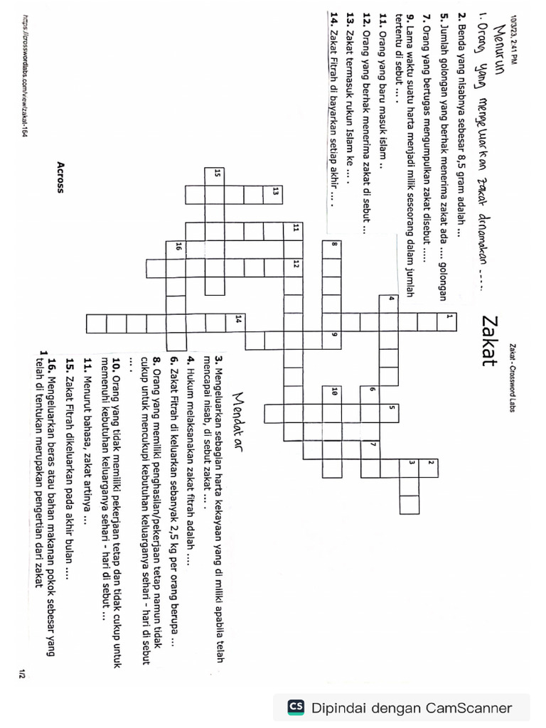 Teka Teki Silang Materi Zakat | PDF
