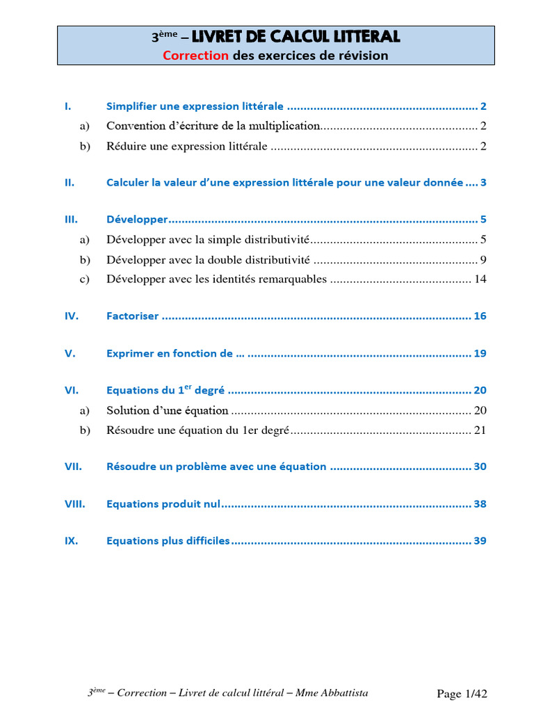 Livret Calcul Littéral - CORRECTION | PDF | Équations | Mathématiques élémentaires