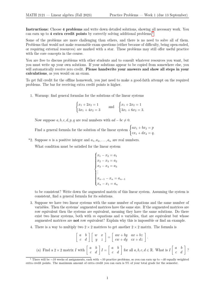 PracticeProblems Week01 Math2121 Fall2023 | PDF | Matrix (Mathematics) | System Of Linear Equations