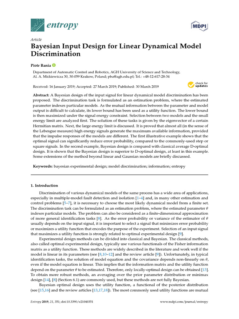 Bayesian Input Design For Linear Dynamical Model Discrimination 2019 Bania | PDF | Mathematical ...