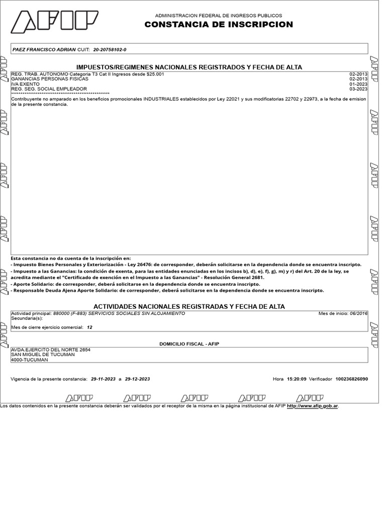 Constancia de Inscripción AFIP 2023 | PDF | Finanzas del gobierno ...