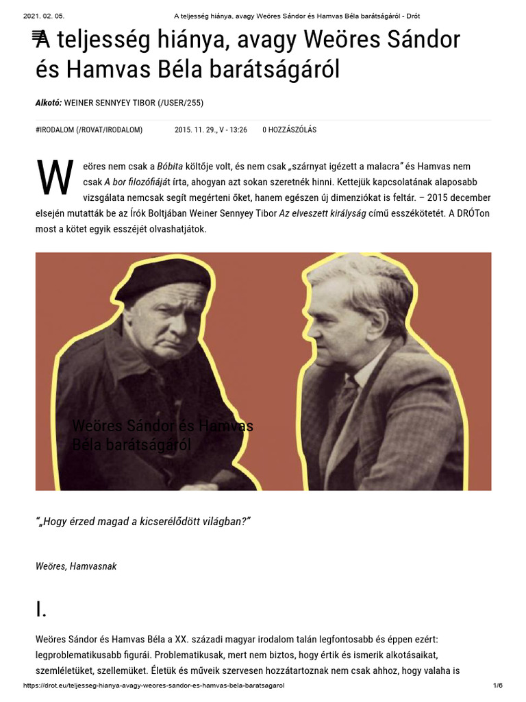 A Teljesség Hiánya, Avagy Weöres Sándor És Hamvas Béla Barátságáról - Drót | PDF