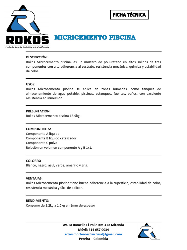 Ficha Tecnica Rokos Microcemento Piscina | PDF | Química | Materiales