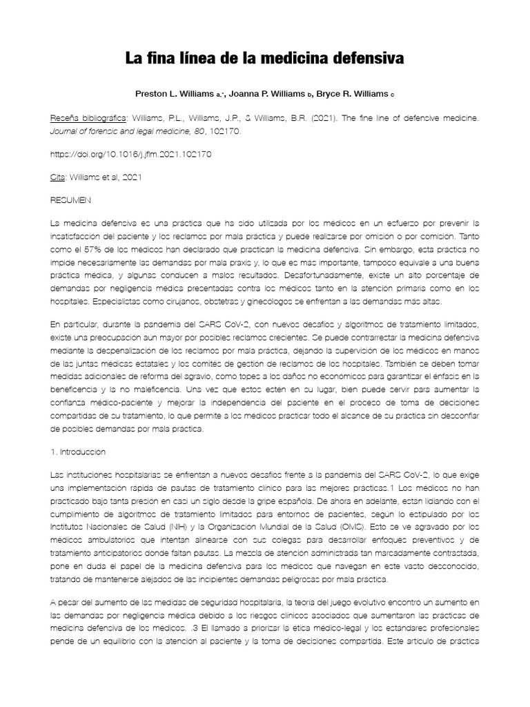 Williams (2021) La Fina Línea de La Medicina Defensiva | PDF | Medicina ...
