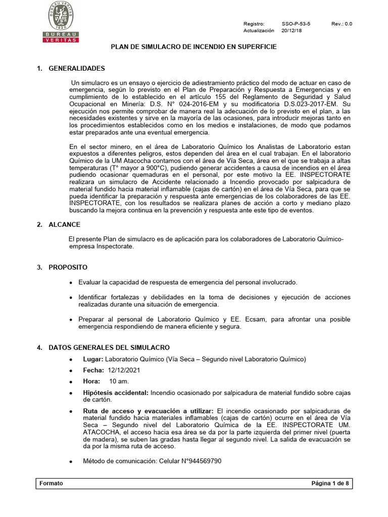 PLAN DE SIMULACRO INCENDIO EN SUPERFICIE - Inspectorate | PDF | Laboratorios | Simulación