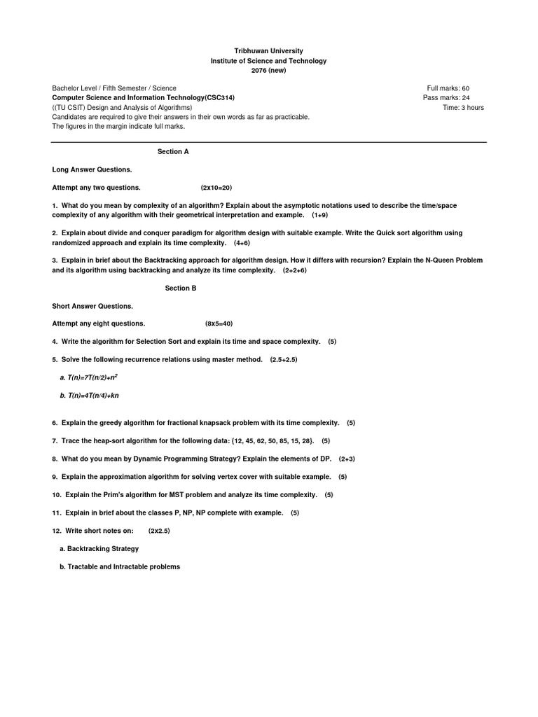 Design And Analysis Of Algorithms New Questionpaper Pdf Computational Complexity Theory