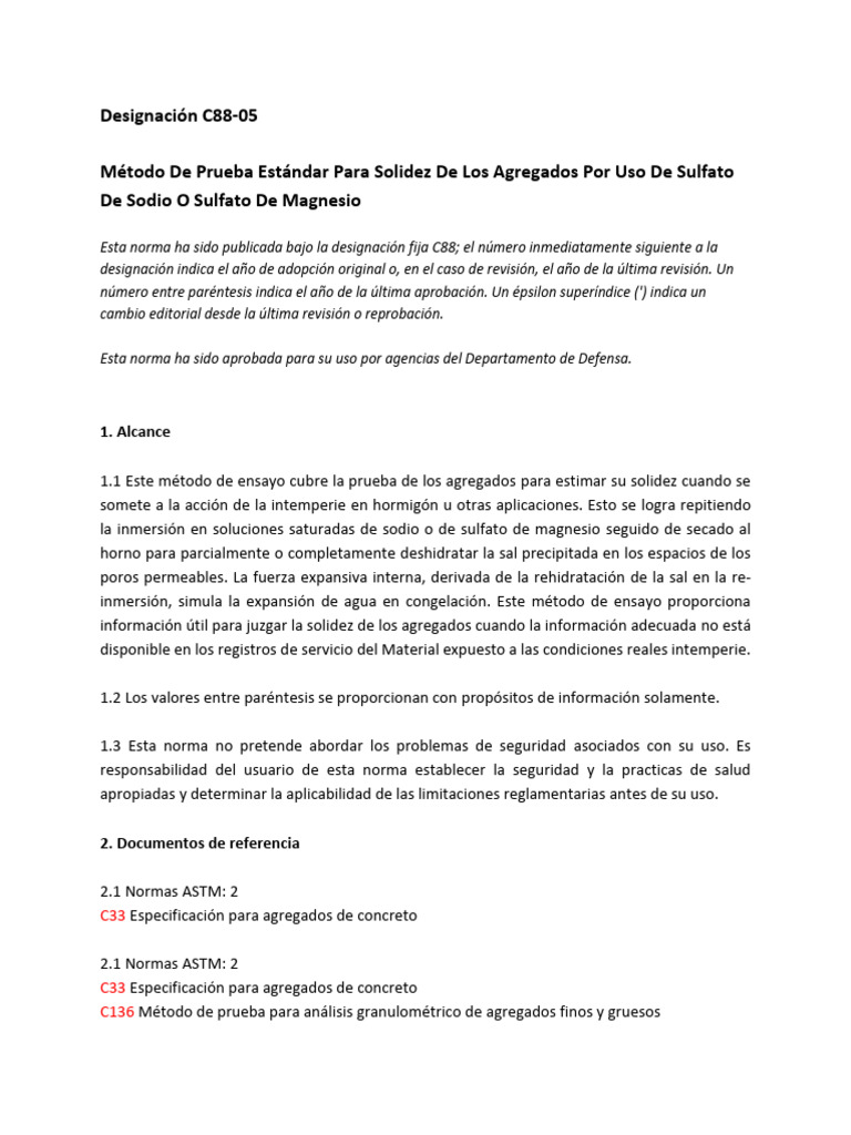 Designación C88-05 Método de Prueba Estándar para Solidez de Los Agregados Por Uso de Sulfato de ...