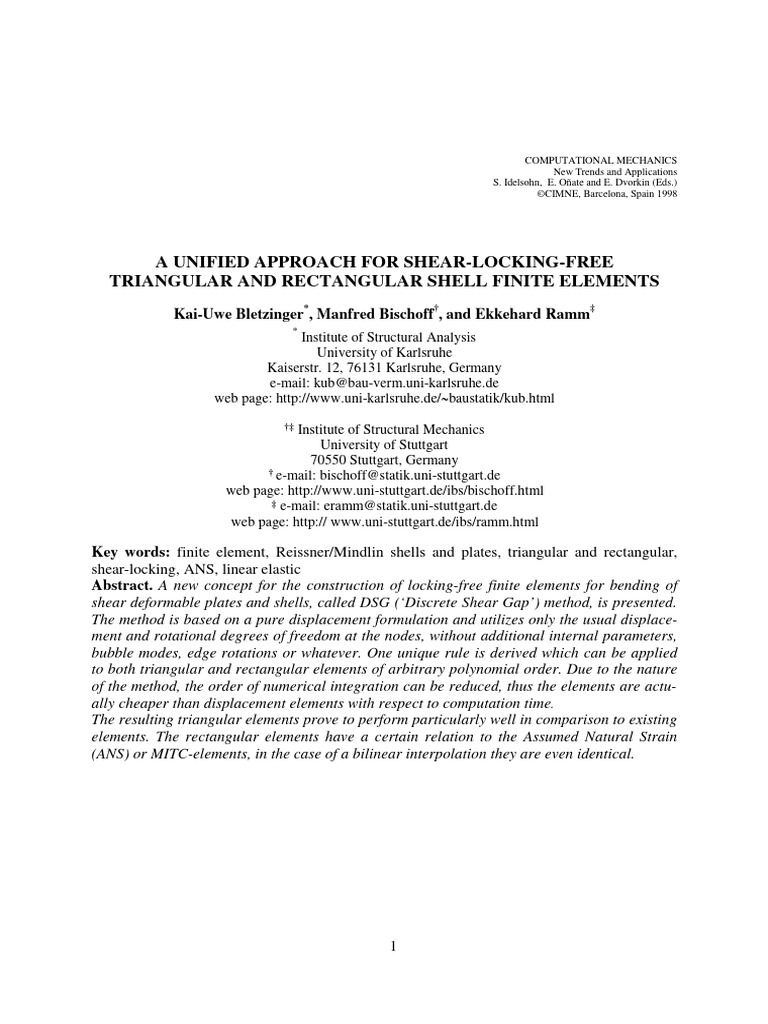 A Unified Approach For Shear-Locking-Free Triangular and Rectangular Shell Finite Elements ...