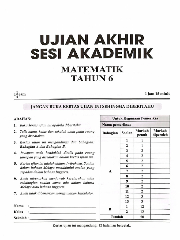 Uasa Matematik Set 2 (Tahun 6) | PDF