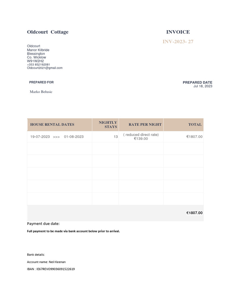 Oldcourt Cottage Rental Invoice | PDF
