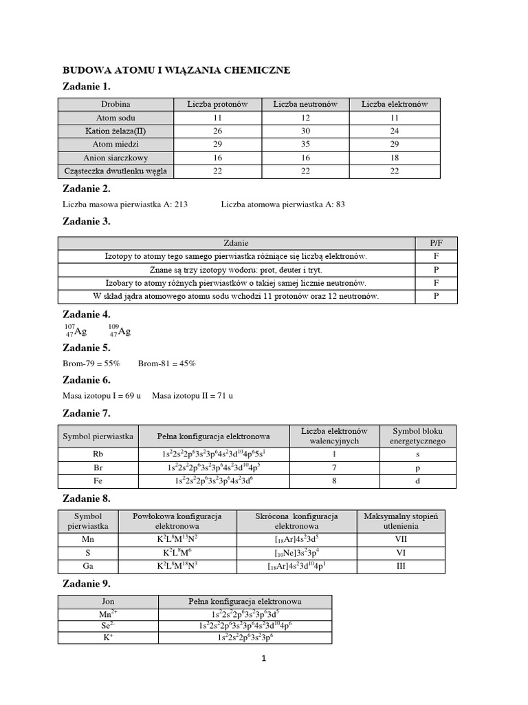 Chemia Zbior Zadan Fau M Odpowiedzi Chemia Zeszyt NR 1 Odpowiedzi | PDF