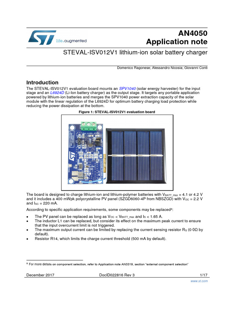 An4050 Stevalisv012v1 Lithiumion Solar Battery Charger Stmicroelectronics | PDF | Lithium Ion ...