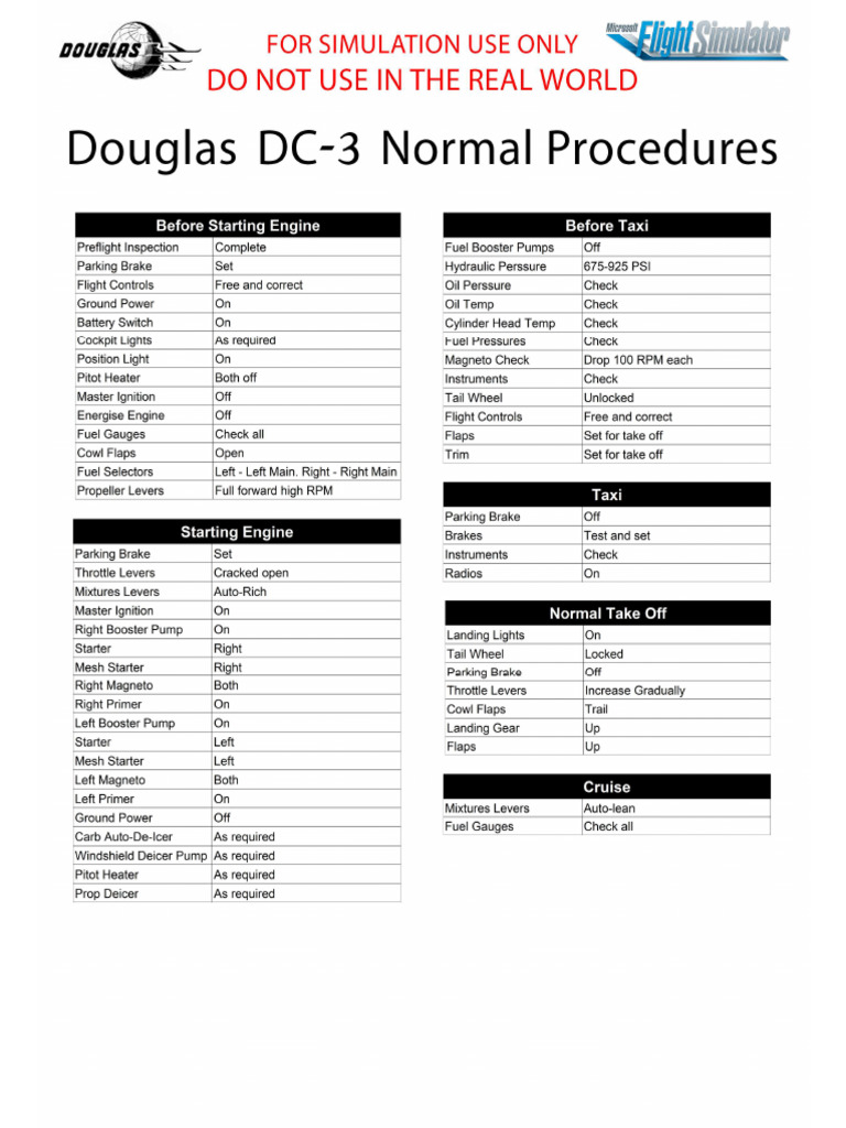 Douglas DC-3 Normal Procedures | PDF