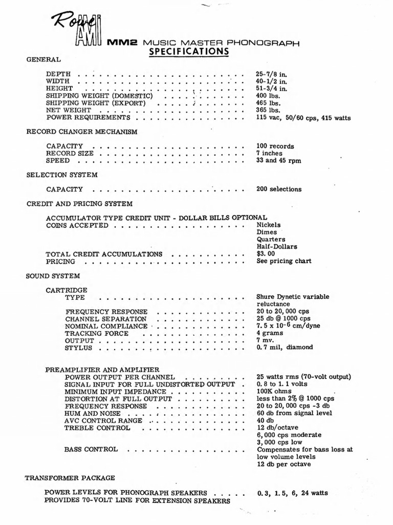 Rowe MM2 Service and Parts Manual | PDF