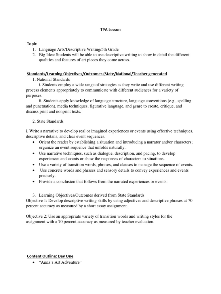 Tpa Unit and Daily Lesson Plan Template | PDF | Narrative | Experience