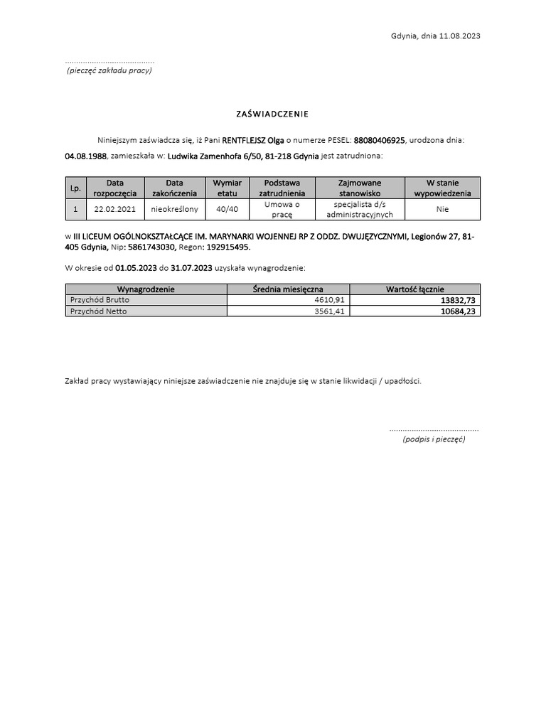 Zaświadczenie o Zarobkach Abc | PDF Zaświadczenie o Zarobkach Abc | PDF