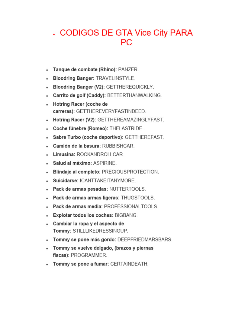 CODIGOS DE GTA Vice City PARA PC | PDF | Vehículos militares | Tanques