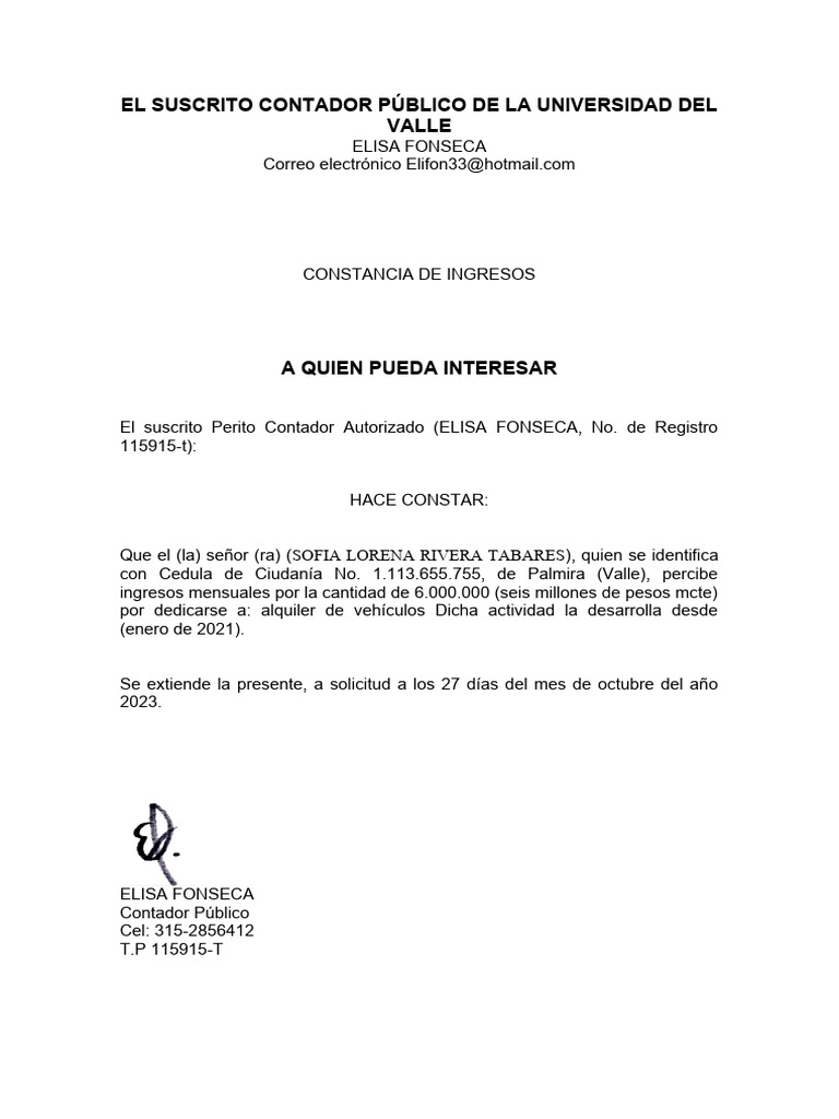 Modelo para Constancia de Ingresos PERITO CONTADOR | PDF