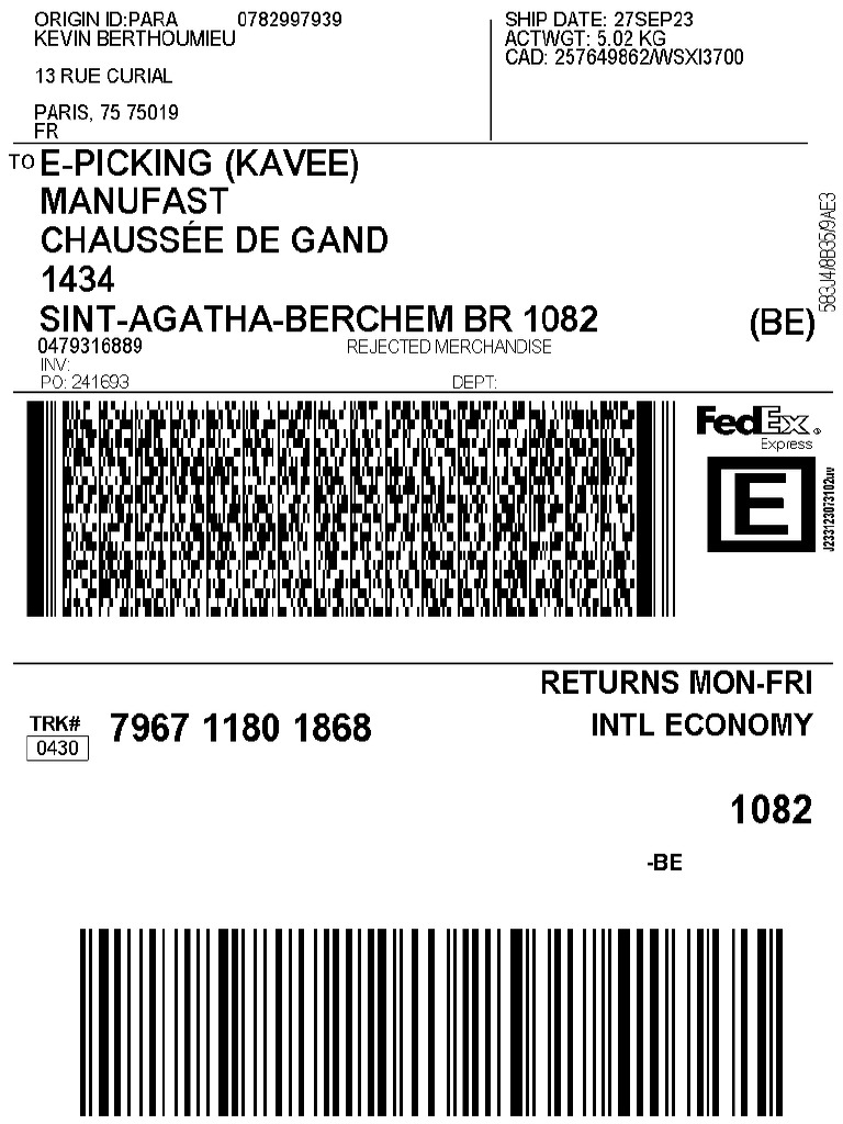 Return Label Kevin Berthoumieu | PDF | Consignee | Bill Of Lading