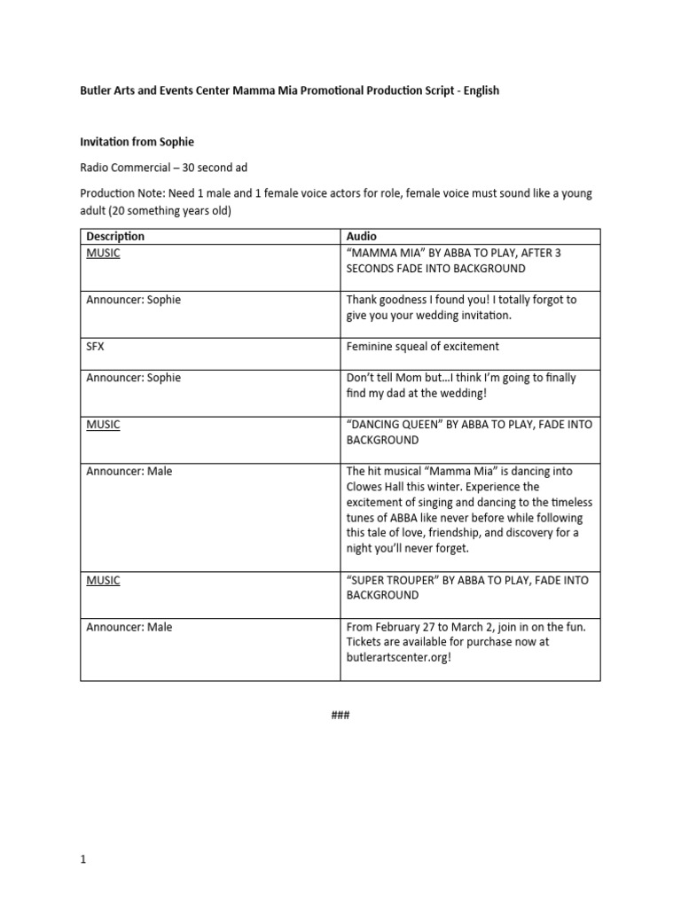 Mamma Mia Radio Commercial Script | PDF | Classics