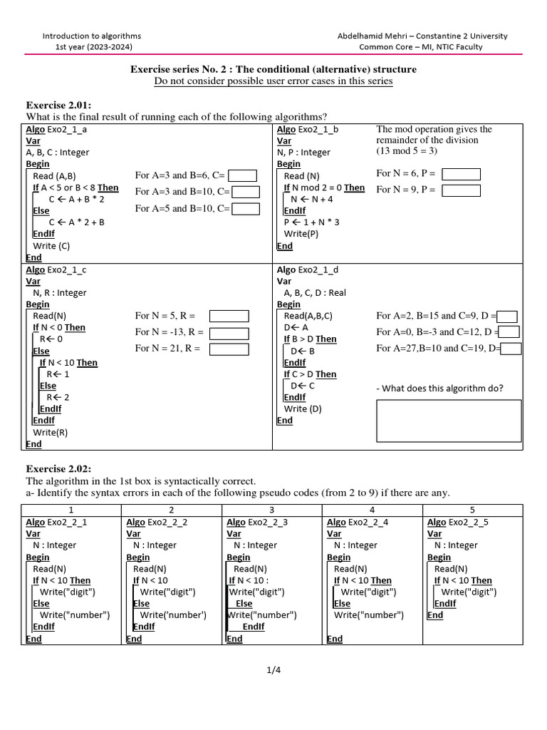 TD2 Algo 2023 Cne2 | PDF | Quadratic Equation | Equations