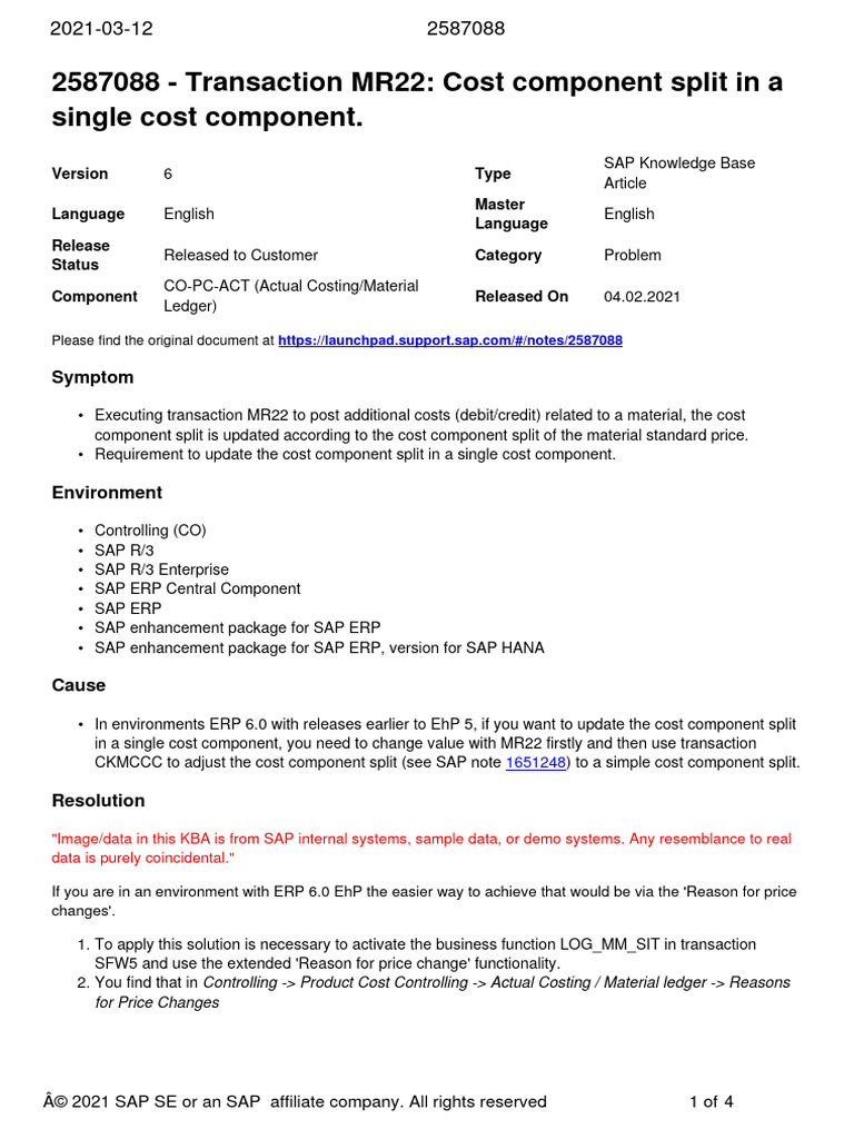 Transaction MR22-Cost Component Split in A Single Cost Component. | PDF ...