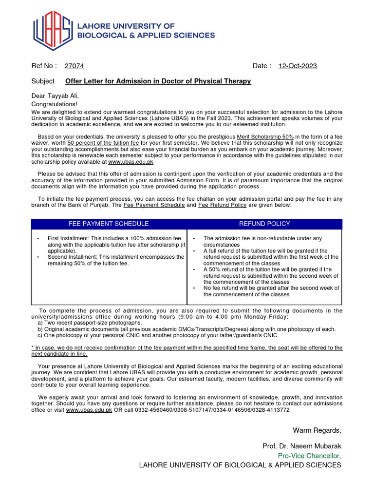 Offer Letter For Admission in Doctor of Physical Therapy: 27074 Refno ...