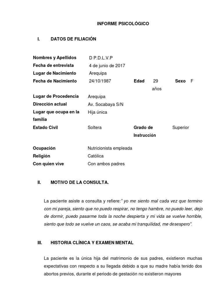 Informe Psicológico Ejemplo | PDF | Las emociones | Ansiedad