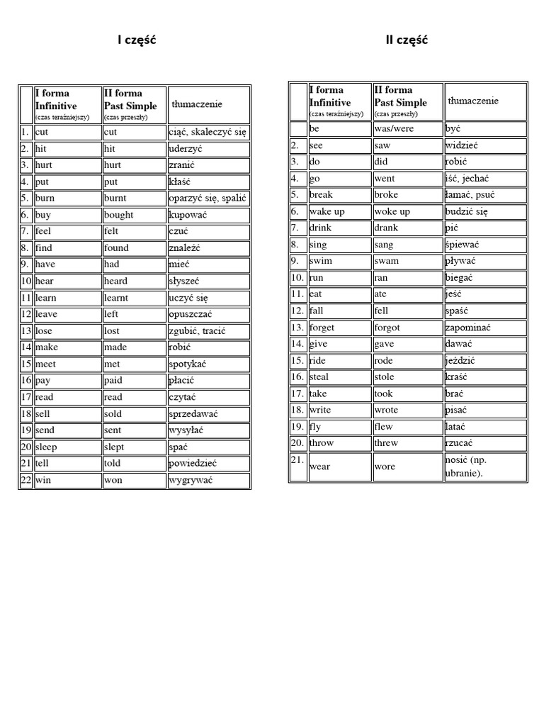 Czasowniki Nieregularne Past Simple Brainy 6 | PDF